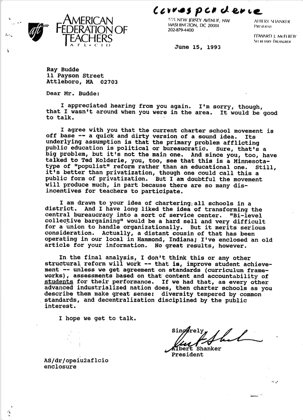 Albert Shanker‘s Correspondence to Ray Budde - Founders Library